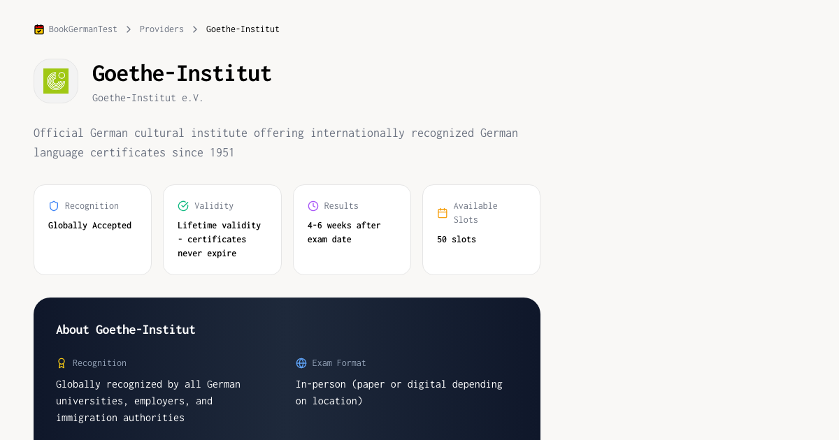 Goethe-Institut Exam Slots 2026 - Book A1-C2 German Exams | BookGermanTest